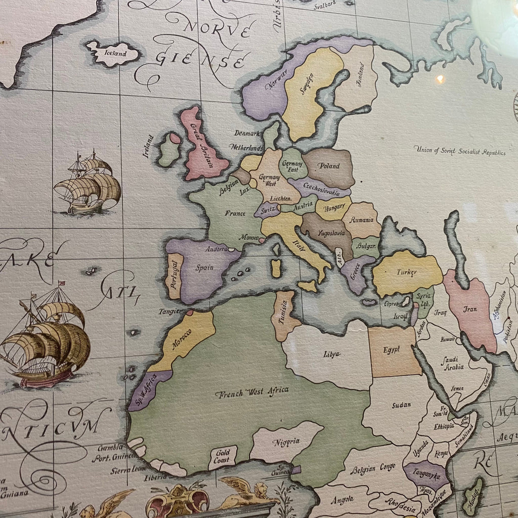 Antique World map etching handcolored - framed behind glass – PepStore